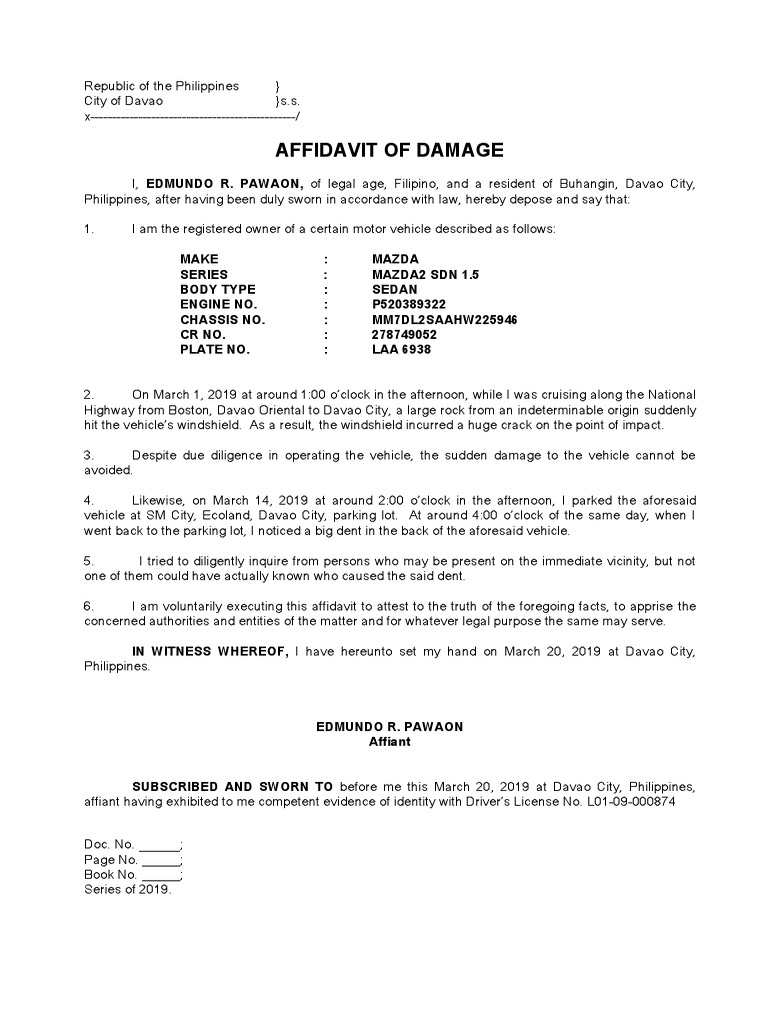 Affidavit of Damage | PDF | Affidavit | Land Vehicles