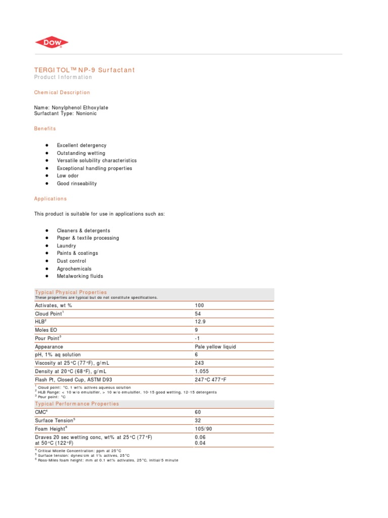 Tergitol NP 9tds | PDF | Surfactant | Solubility