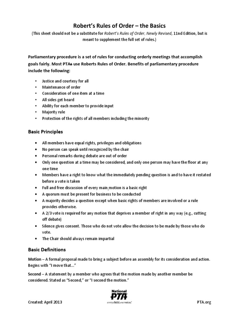 Robert’s Rules of Order Basics Guide | PDF | Chairman | Parliamentary ...