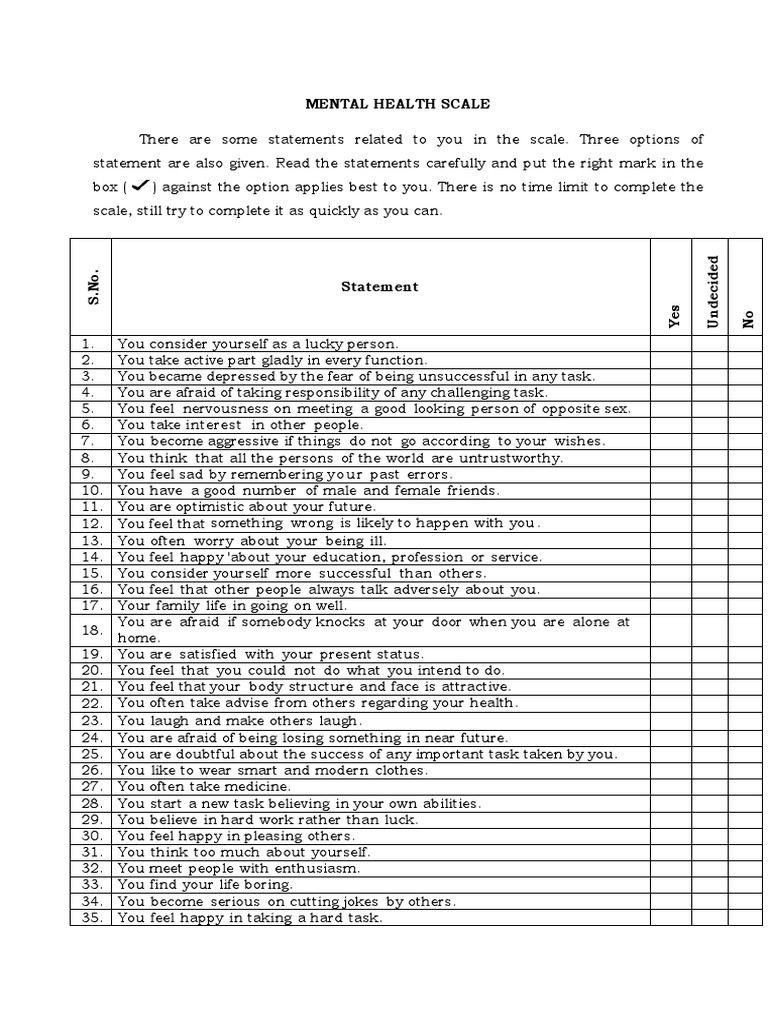 MENTAL HEALTH SCALE ASSESSMENT | PDF | Psychological Concepts ...