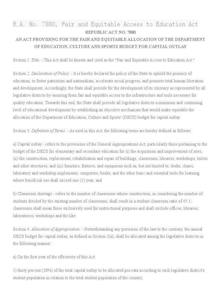R.A. No. 7880, Fair and Equitable Access To Education Act | PDF ...