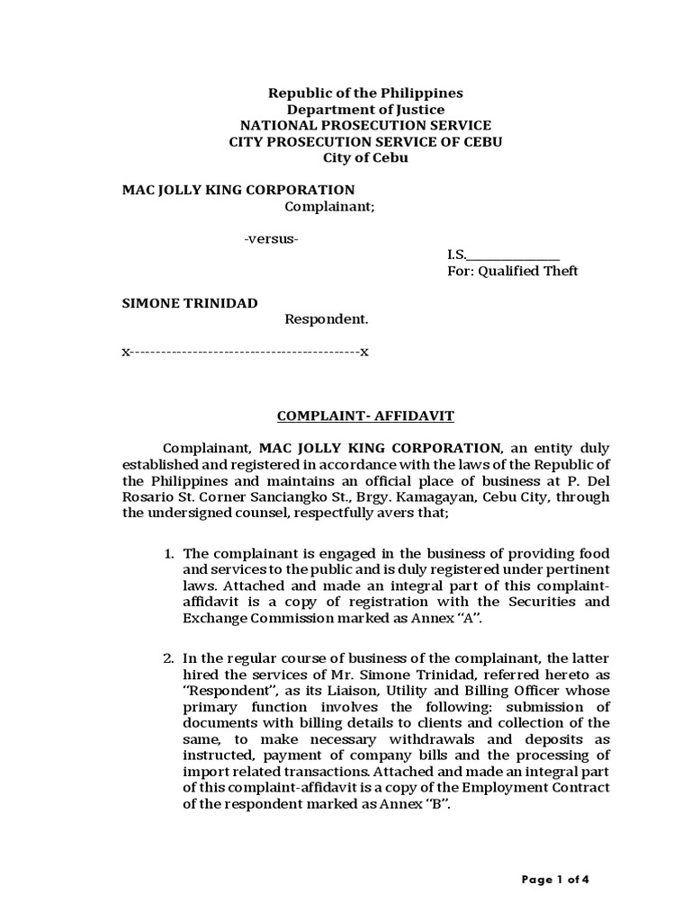 JA Complaint Affidavit | PDF | Theft | Property
