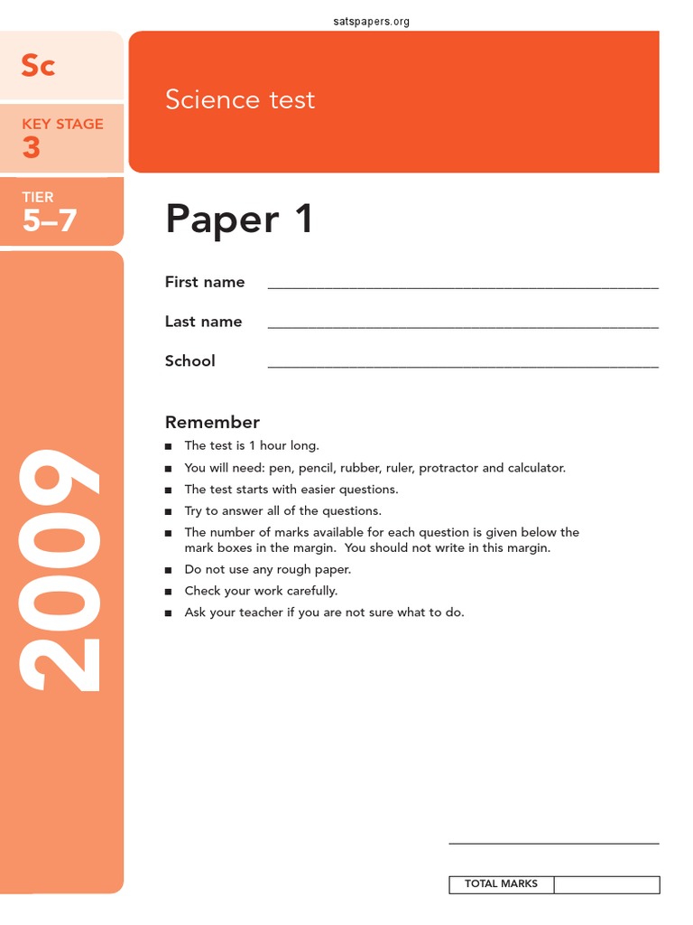 KS3 Science 2009 Paper 1 Level 5-7 | PDF | Solar Eclipse | Bicarbonate