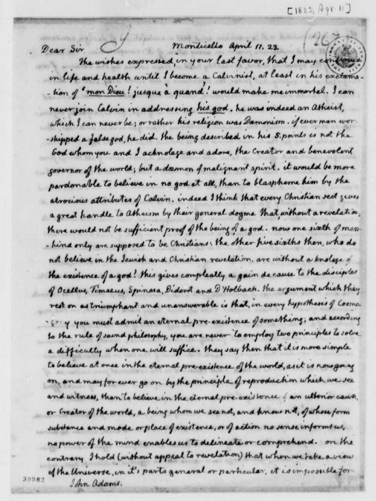 Thomas Jefferson Letter To John Adams April 11 1823 | PDF
