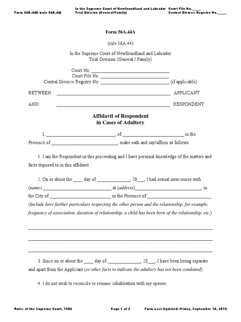 Affidavit of Respondent in Cases of Adultery: Form 56A.44A | PDF ...