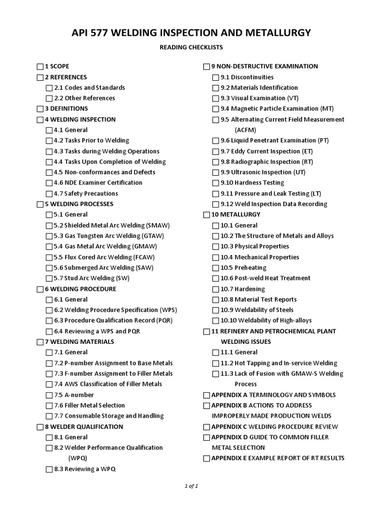 API 577 Reading Checklist | PDF | Welding | Construction