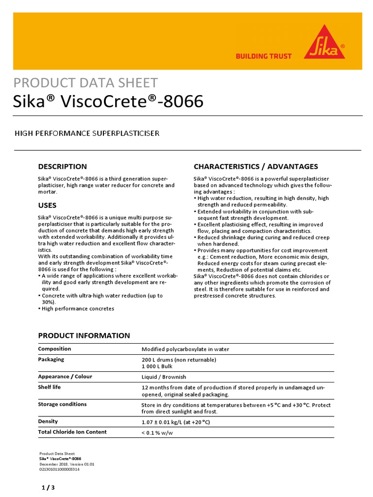 Sika® Viscocrete®-8066: Product Data Sheet | PDF | Concrete | Materials