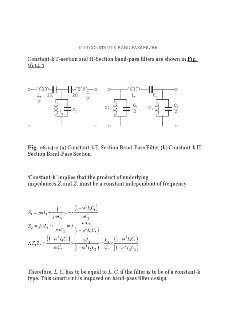 Fig. 16.14-1 (a) Constant-k T-Section Band-Pass Filter (b) Constant-k Π ...