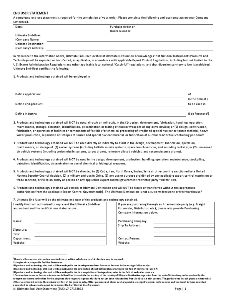 End User Statement | PDF | Unmanned Aerial Vehicle | Nuclear Weapons