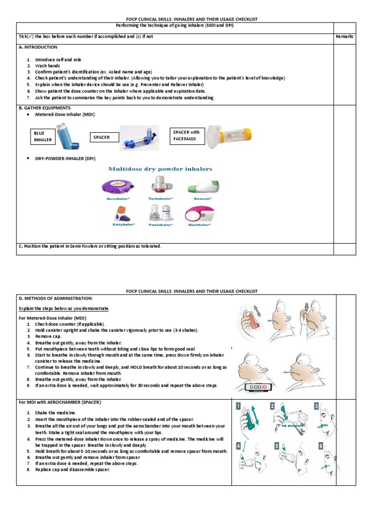 Inhaler Usage Skills Checklist | PDF | Health Sciences | Health Care
