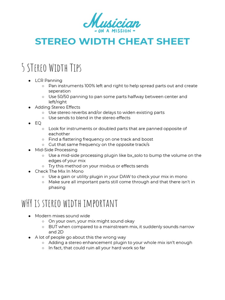 Stereo Width Cheat Sheet | PDF | Equalization (Audio) | Sound Technology