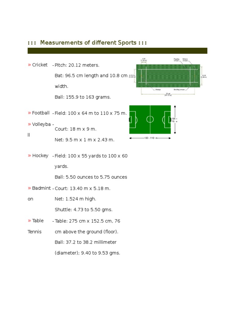 Measurements of Different Sports | PDF | Metre | Ball Games