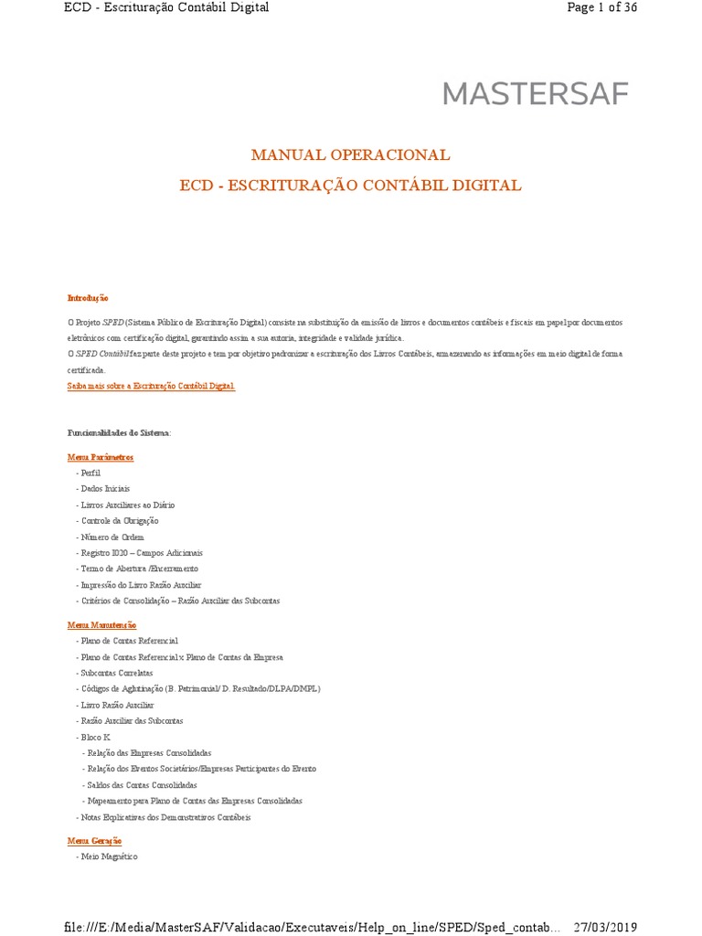 Roteiro de Utilização ECD - Mastersaf | PDF | Escrituração contábil ...