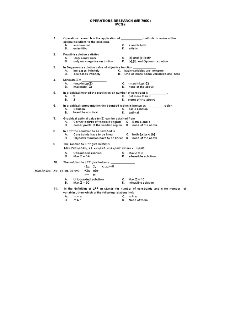 Operations Research (Me 705C) MCQS: Max Z 30x - 15x, S.T. 2x - 2x 0 | PDF | Mathematical ...