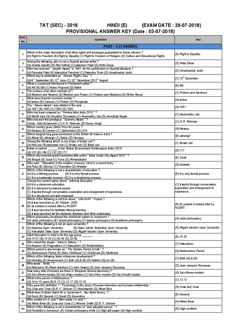 Tat (Sec) - 18 Hindi (E0-204) Answer Key | PDF | Teaching Method | Teachers