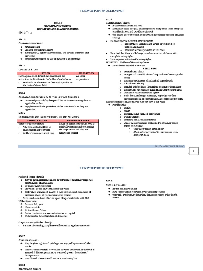 SEC 1: T SEC 2: C: The New Corporation Code Reviewer | PDF | Board Of ...