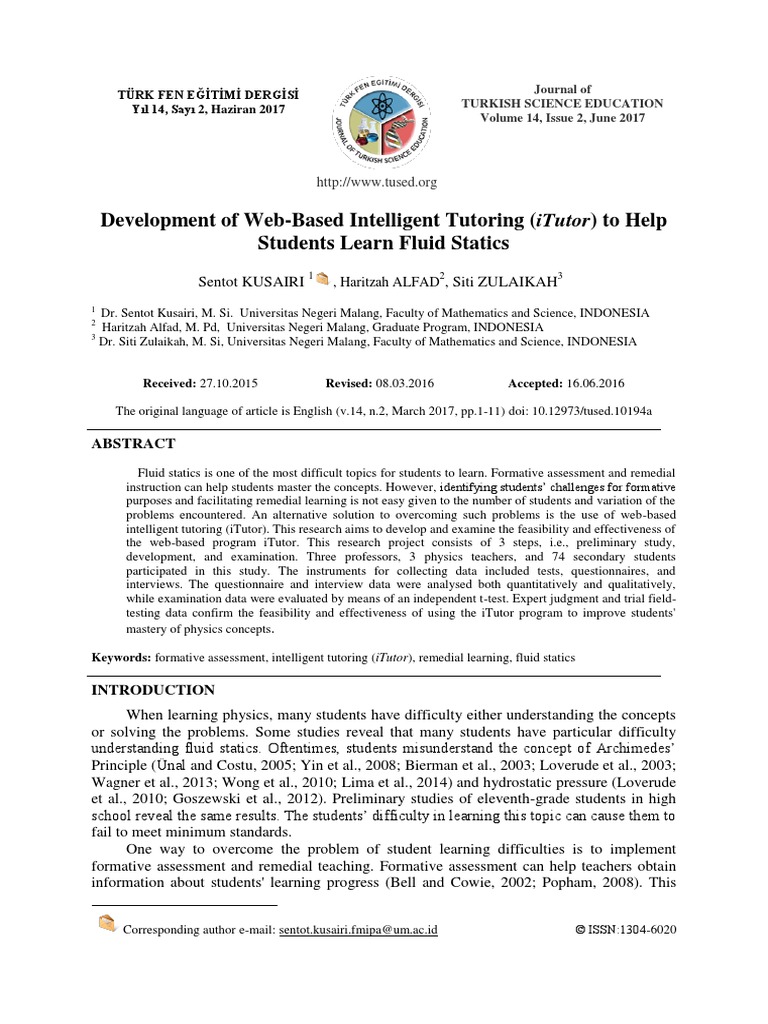 Development of Web-Based Intelligent Tutoring (Itutor) To Help Students ...