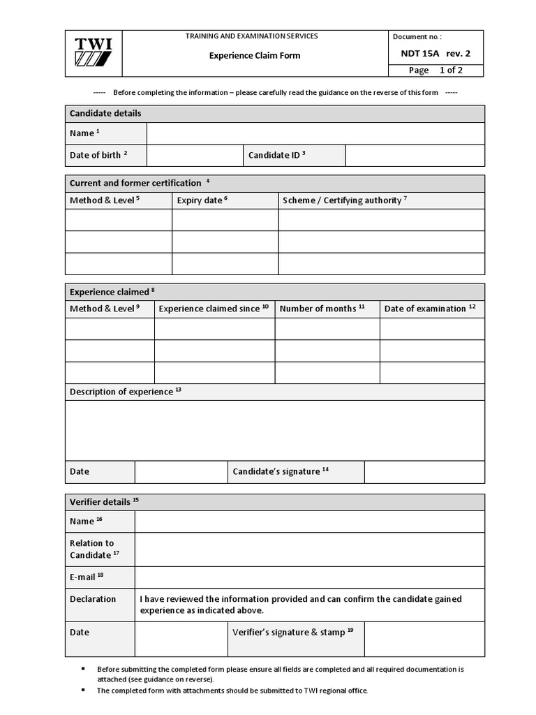 New-NDT 15A - Experience Claim Form (Rev. 2) | PDF | Identity Document