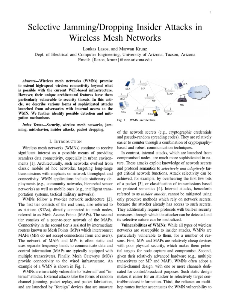 Selective Jamming/Dropping Insider Attacks in Wireless Mesh Networks | PDF | Network Packet ...