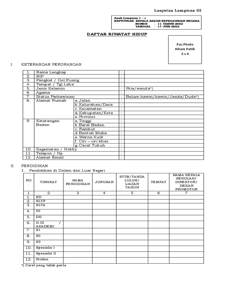 Contoh Daftar Riwayat Hidup (DRH) CPNS 2018 | PDF