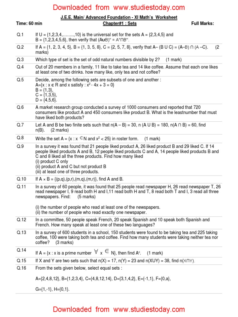 J.E.E. Main/ Advanced Foundation - XI Math's Worksheet Time: 60 Min Chapter#1: Sets Full Marks ...