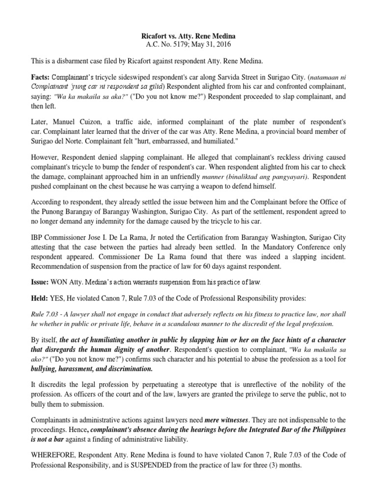 Ricafort vs. Atty. Medina | PDF | Lawyer | Applied Ethics