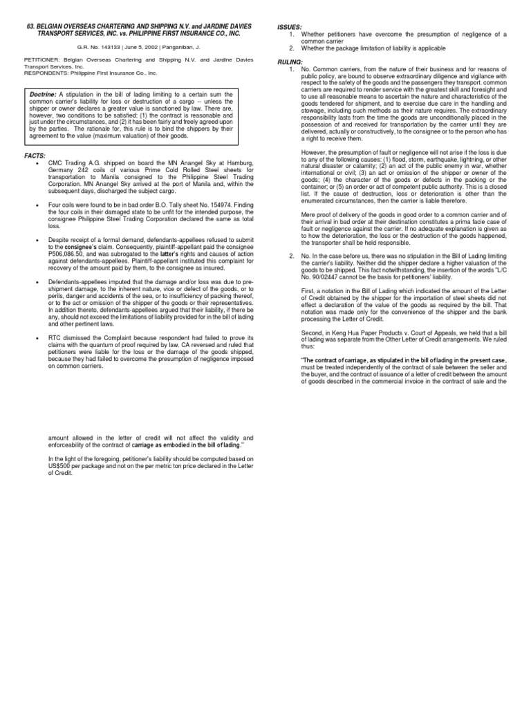 Belgian Overseas vs. Phil First Insurance | PDF | Letter Of Credit ...