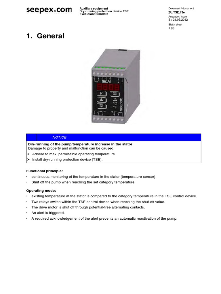 TSE Dry-Running Protection Device Manual | PDF | Resistor | Relay