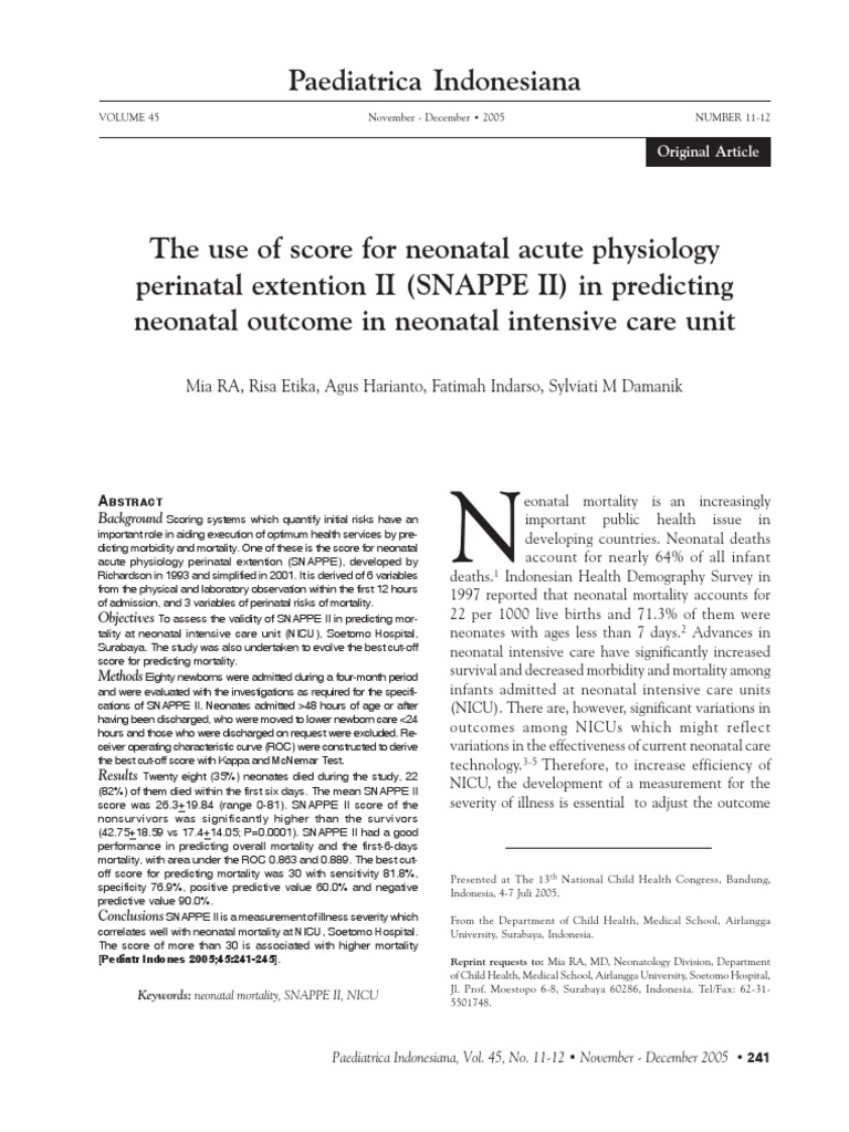 (SNAPPE II) in Predicting | PDF | Sensitivity And Specificity ...