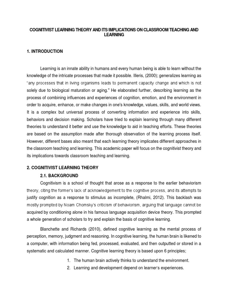 Cognitivist Learning Theory and Its Implications On Classroom Teaching ...
