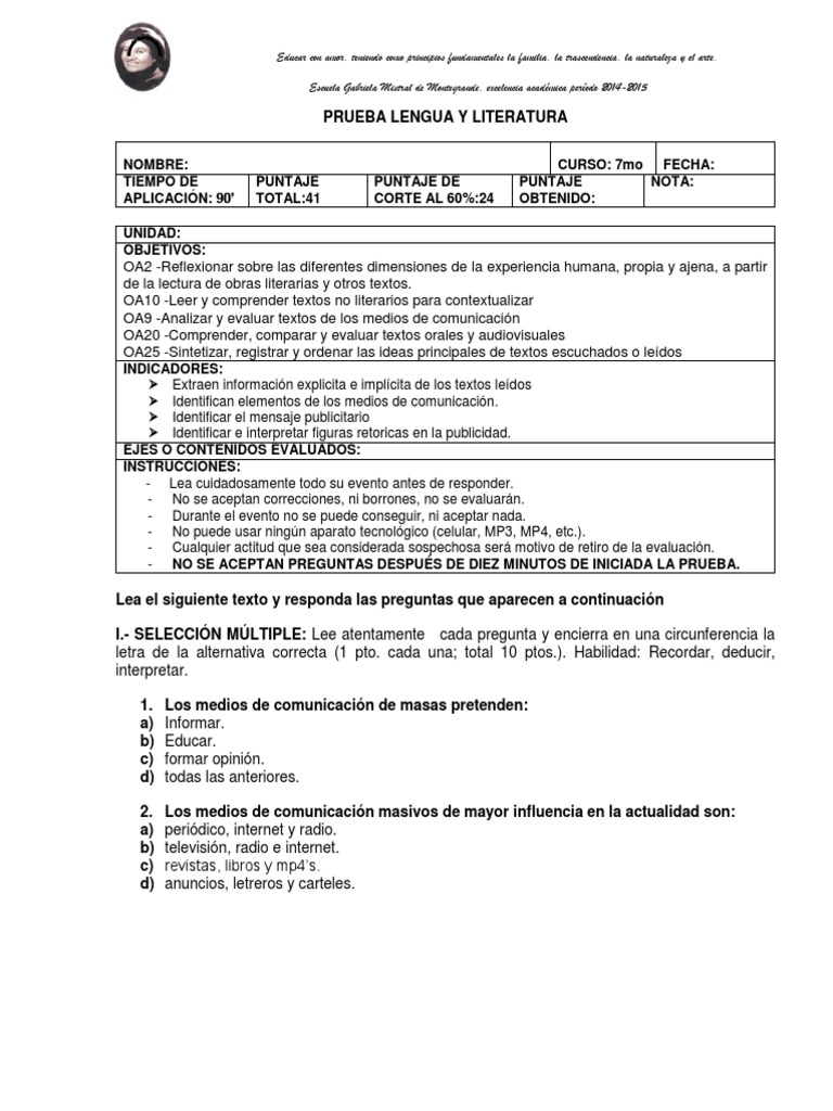 Prueba 7mo Medios de Comunicacion | PDF | Medios de comunicación en ...