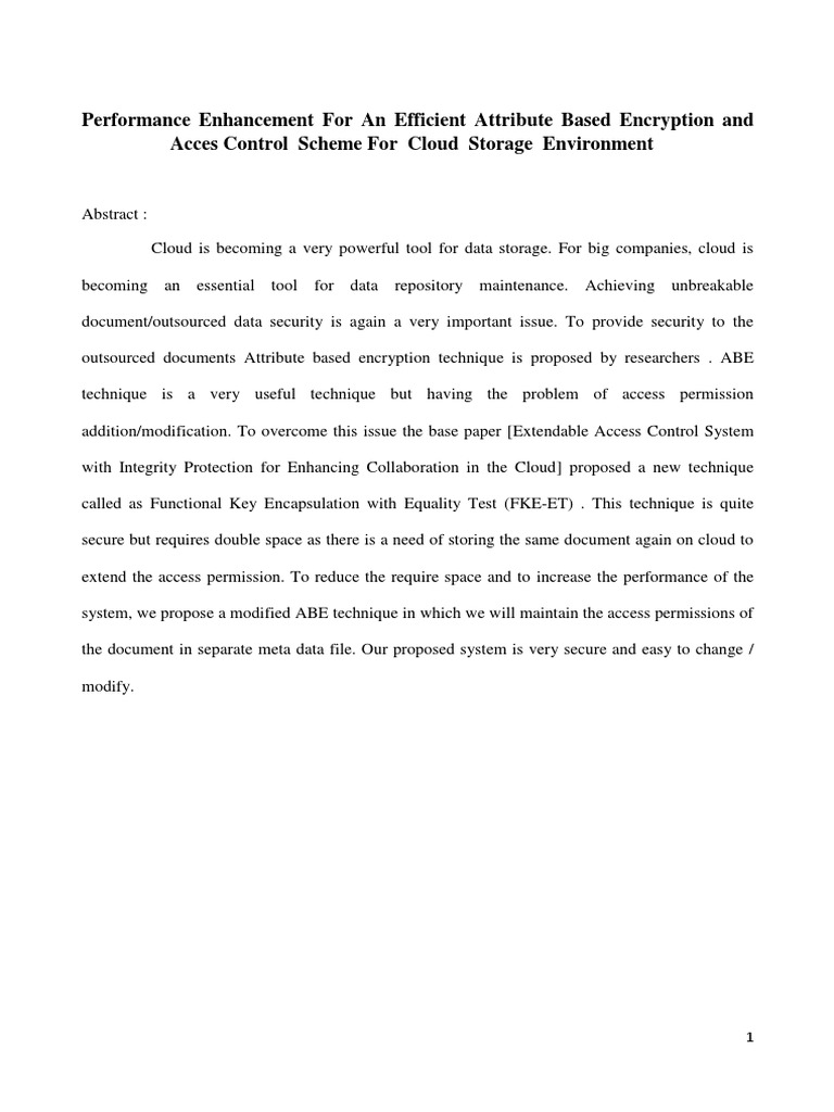 Performance Enhancement For An Efficient Attribute Based Encryption And Acces Control Scheme For