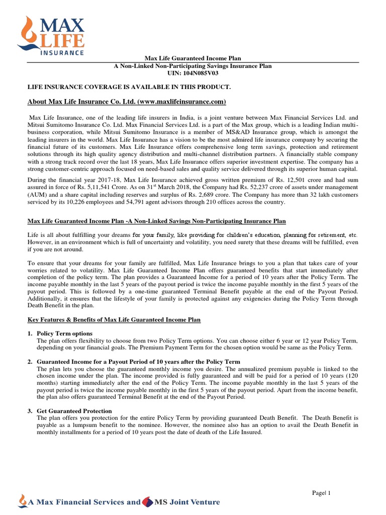 Max Life Guaranteed Income Plan Prospectus PDF | PDF | Life Insurance ...