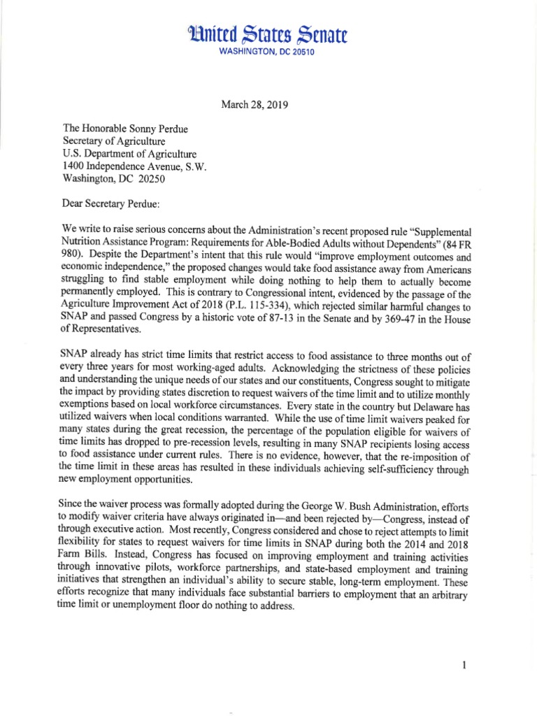 19 03 28 Letter to Perdue Re ABAWD Rule
