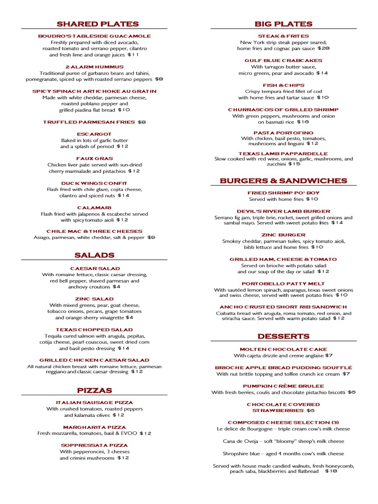 Zinc Food Menu | PDF | Hamburgers | Fast Food