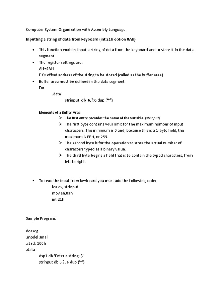 Inputting A String Of Data From Keyboard Int 21h Option 0ah Download Free Pdf String