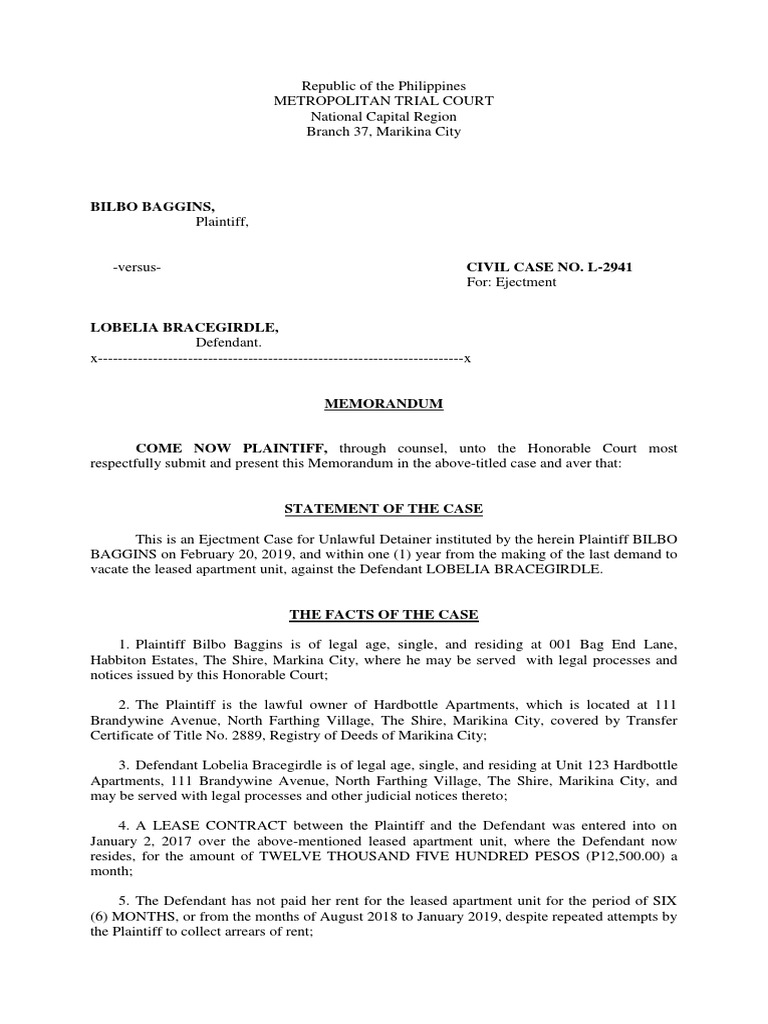 Memorandum - Ejectment Case for Unlawful Detainer.docx | Lease | Justice