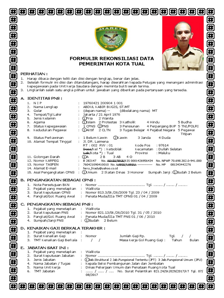Formulir Rekonsiliasi Data PNS | PDF