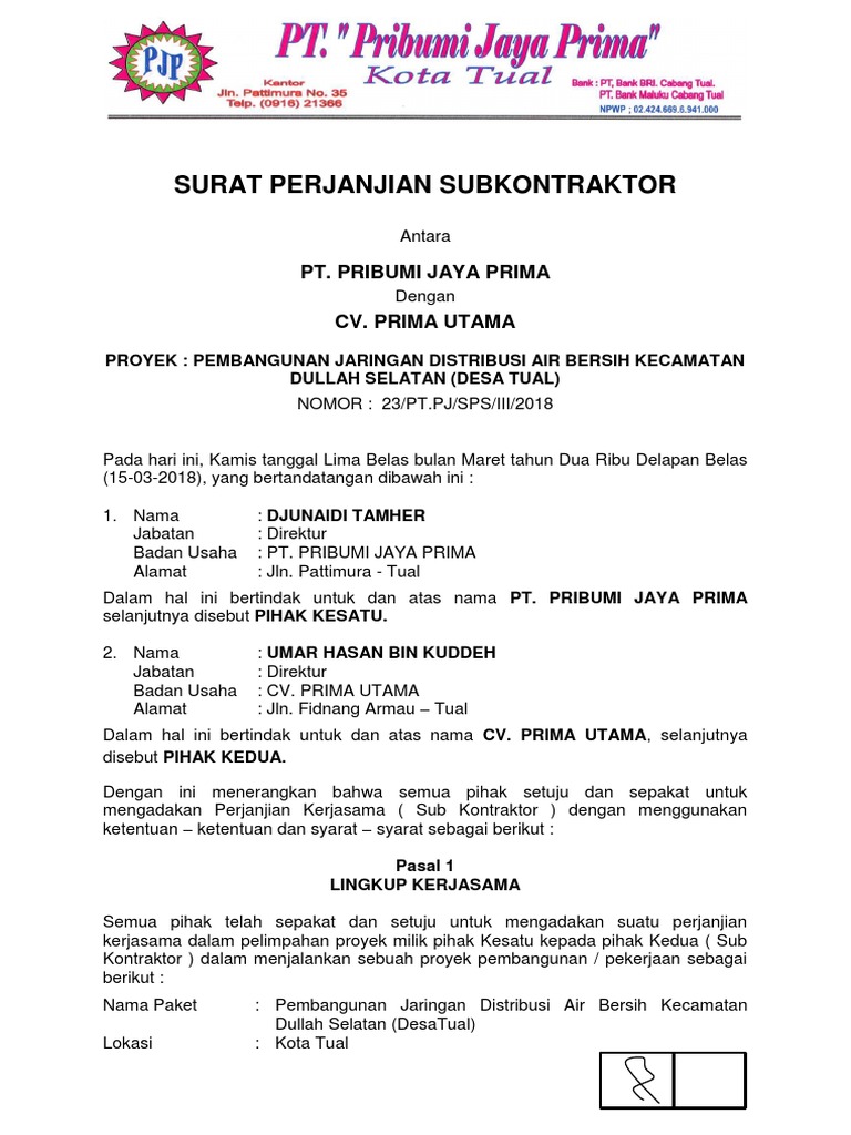 Surat Perjanjian Subkontraktor | PDF