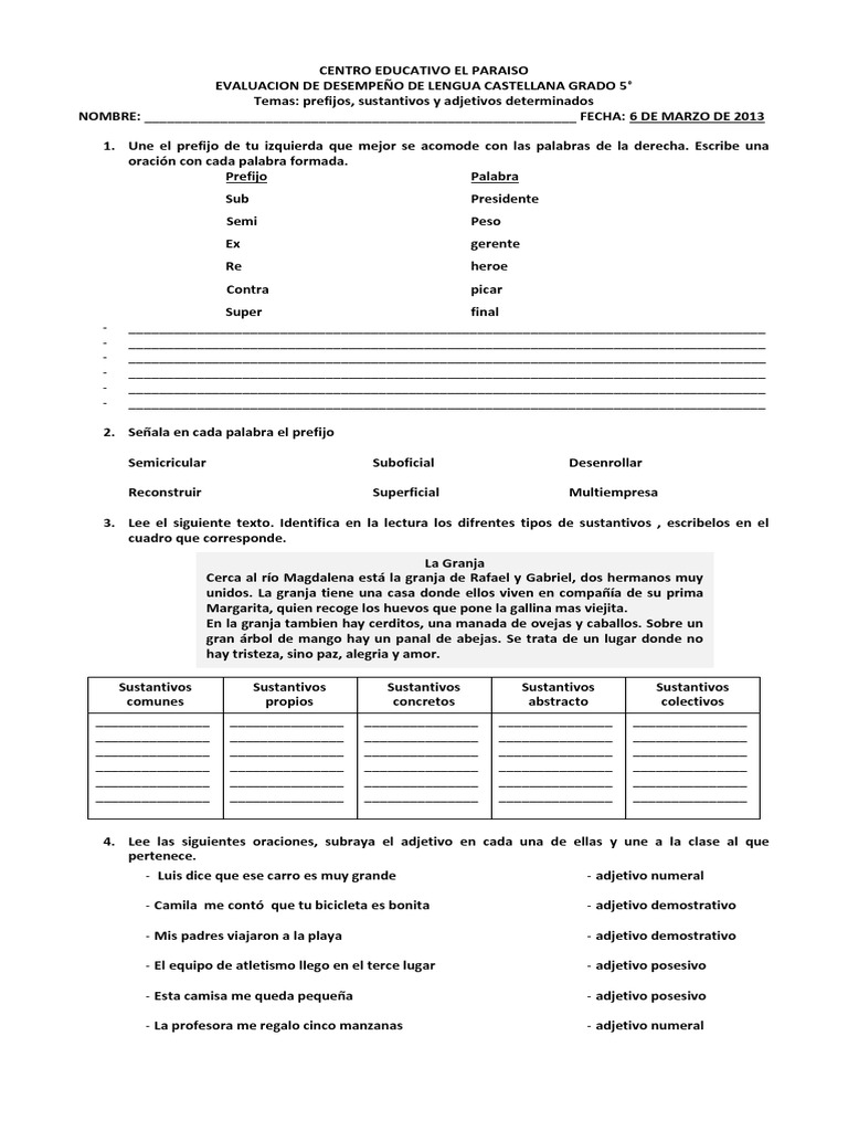 evaluacion 2 de desempeño de lengua castellana grado 5°.docx | Adjetivo ...