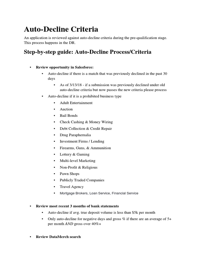 Step-By-Step Guide: Auto-Decline Process/Criteria | PDF | Theft | Loans