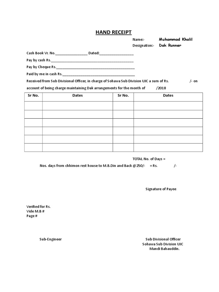 Hand Receipt: SR No. Dates SR No. Dates | PDF