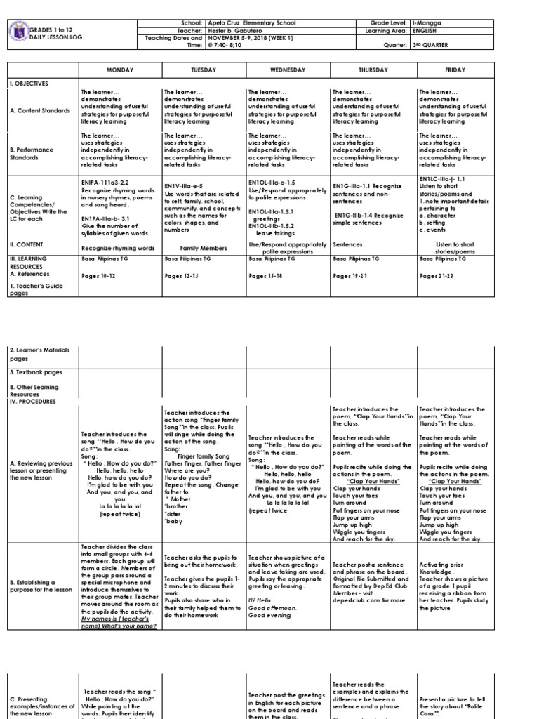 DLL English 1 Q3 W1 1 | PDF | Poetry | Literacy