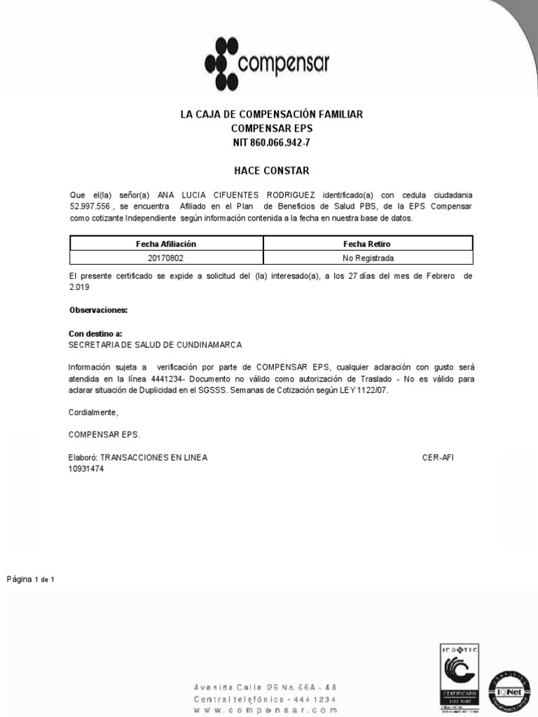 Afiliacion de EPS COMPENSAR | PDF
