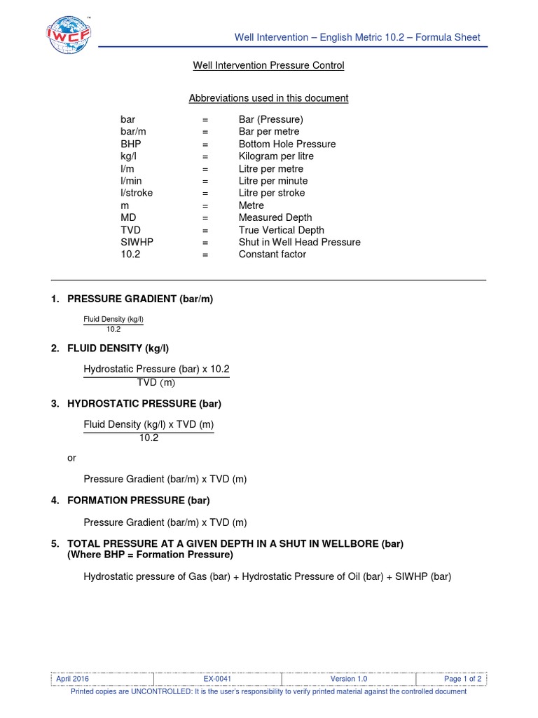 Well Intervention - English Metric 10.2 Formula Sheet | PDF | Litre ...