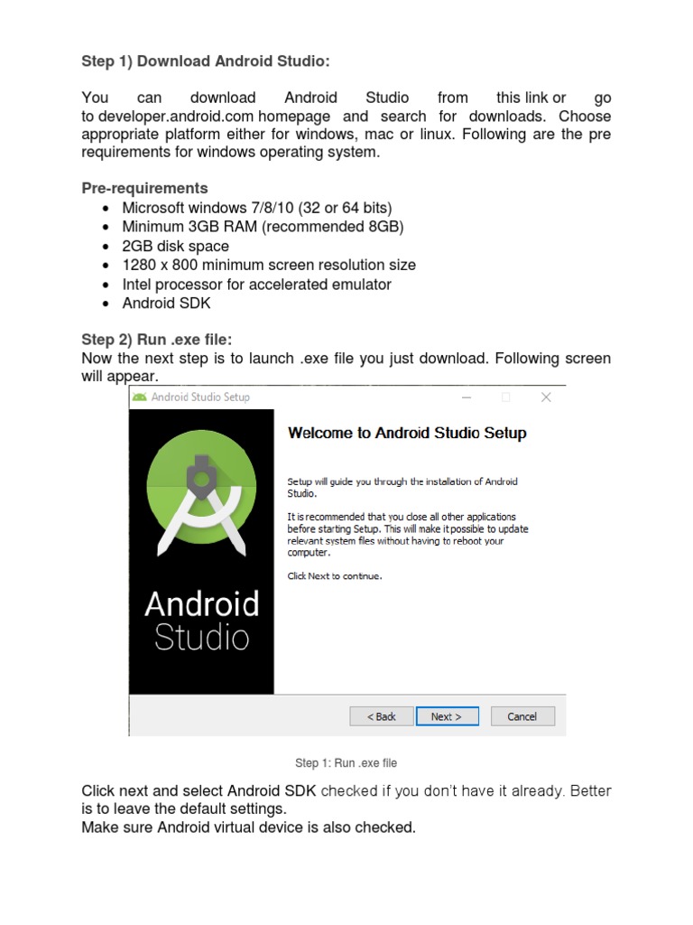 Step 1) Download Android Studio:: Step 1: Run .Exe File | PDF | Android ...