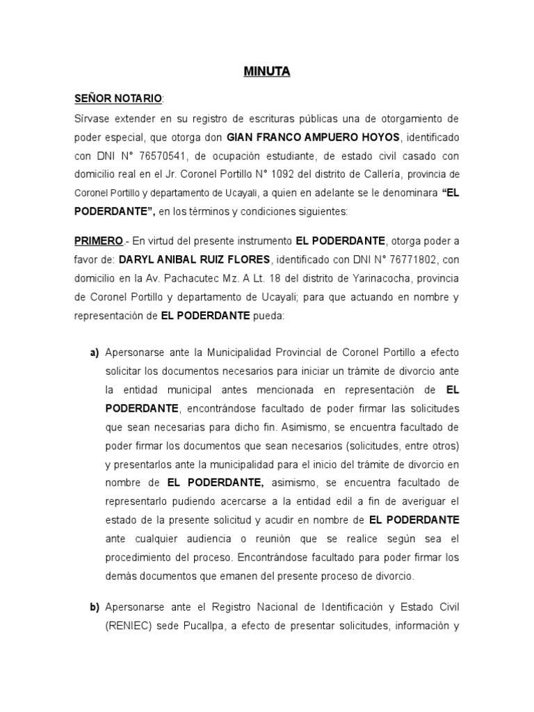 Minuta de Otorgamiento de Poder | PDF | Divorcio | Ley procesal