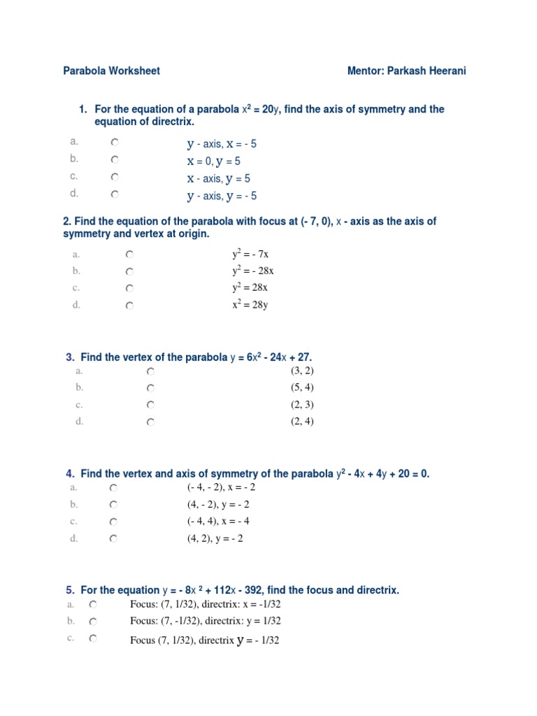 Parabola Worksheet | PDF | Differential Geometry | Geometric Objects
