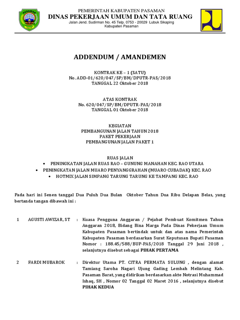 Addendum Kontrak Pembangunan Jalan | PDF | Teknologi & Rekayasa