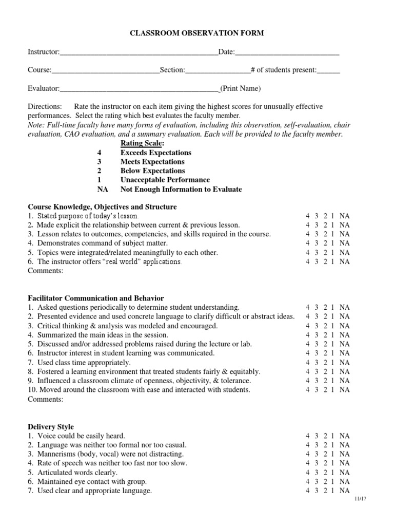 Classroom Observation Evaluation Form | PDF | Evaluation | Classroom